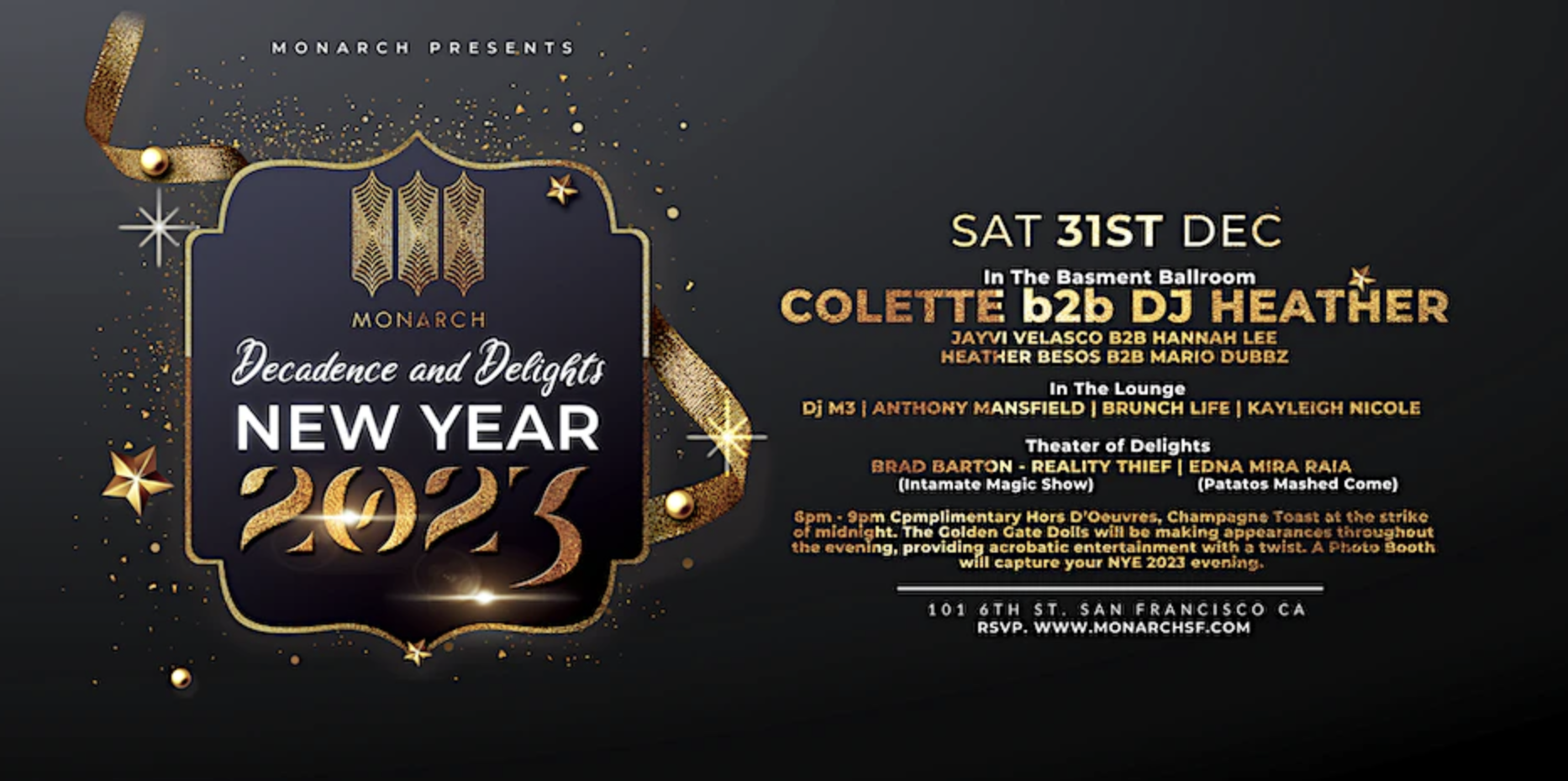 Monarch NYE 2023 Decadence & Delights - Colette & DJ Heather at Monarch ...